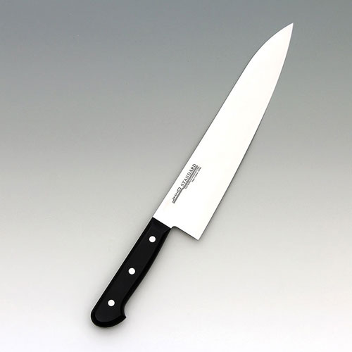 商品名：牛刀 ツバ無 刃渡り：240mm スタンダード 抗菌PC寸法：刃渡り：240mmメーカー：堺實光送料区分：別途見積お届け数（合計）：1材質・素材：刀身:モリブデン鋼,　柄部:POM樹脂商品コード：bc1-51236商品コメント刃身に...