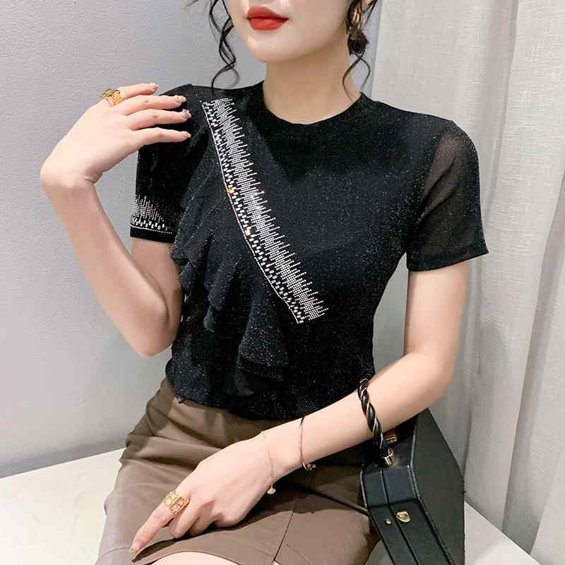 ・カテゴリ: Tシャツ・スタイル: エレガント通勤・主な素材: ポリエステル70～80%未満、スパンデックス30%以下・ネックライン: クルーネック・袖丈: 半袖・柄: 無地・フィット: スリム・デザイン: プルオーバー・加工: パッチワー...