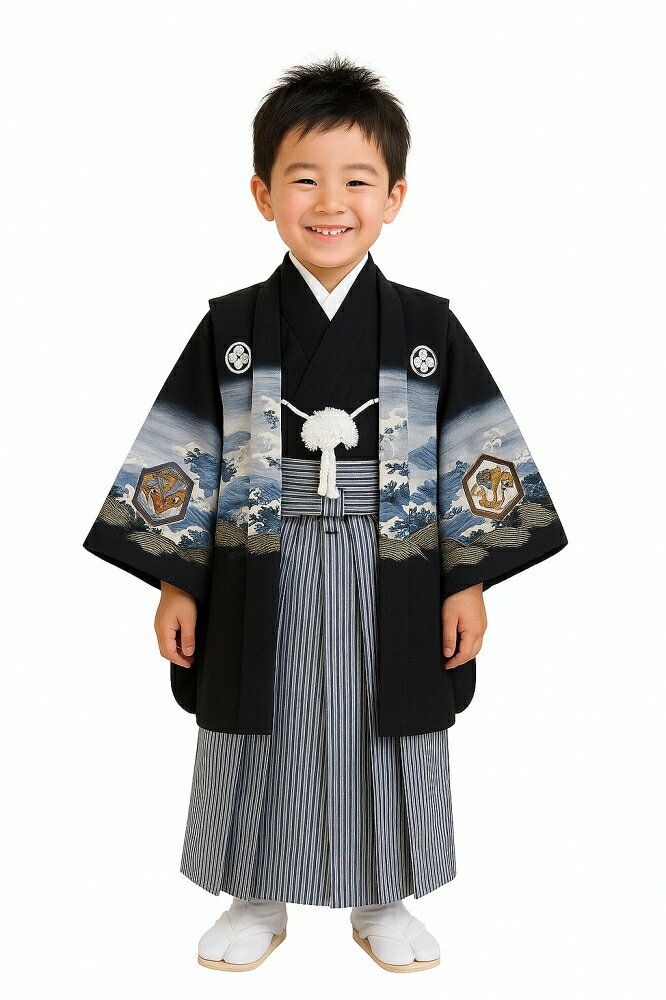 商品情報 新品 5歳男の子用の祝着フルセットです 必要な物が入ったトータルセットです ［セット内容］ 着物・羽織・長襦袢・袴・角帯・雪駄・お守り・扇子・羽織紐・懐剣 ※化粧箱は別売り（税込み880円）です ※着用画像はイメージです。柄や小物...