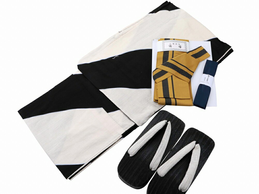 商品情報 新品 紳士用の仕立て上がりの浴衣と帯・下駄・腰ひもの4点セットです。 セットでお届けなのですぐにお使い頂けます！ お仕立て上がりの浴衣のサイズを選ぶ場合、 適応身長より選ぶか、普通体型であれば身長から30cm程度引いた着丈が目安と...