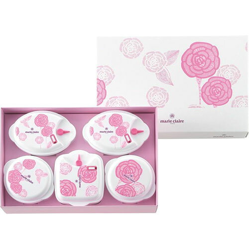 電子レンジ容器5点セットマリ・クレールのRose blooming :ローズブルーミング(ピンク色に咲く)シリーズの電子レンジ容器セットです。蓋をしたまま電子レンジにかけられる容器(小判型・角型のみ)。電子レンジでご使用になる時はツマミをス...