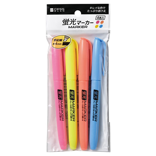 CESS 蛍光マーカー4P綺麗な4色でたっぷり使える。メーカー型番 : 887053 内容物 : 本体(約φ13×140mm)×4 材質 : PP・PET・水性染料 原産国 : 中国 箱の種類 : ヘッダー付PP袋 箱サイズ : 約180×...