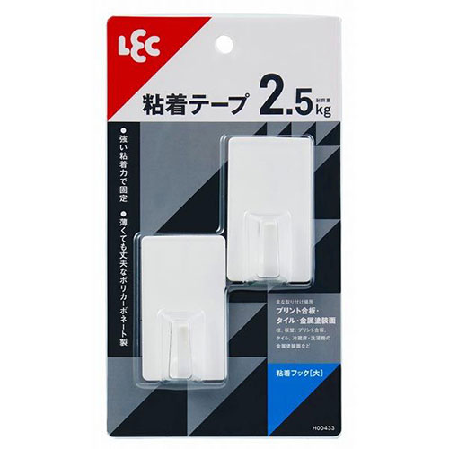 粘着フック(大) 2個入粘着フック(大) 2個入本体サイズ(約) : W36xD25xH60mm 取り付け方法 : 粘着粘着テープ 荷重(約) : 2.5kg 包装形態 : ブリスター台紙(1台紙2個付) 本体 : ポリカーボネート 生産国...