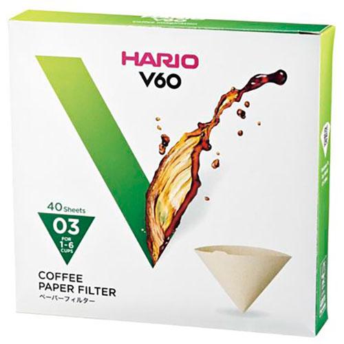 V60用ペーパーフィルター03M 1〜6杯用 40枚入○V60透過ドリッパー03リア、V60透過ドリッパー03セラミックW用ペーパーフィルター個箱サイズ : 150×30×145mm 本体重量 : 100g 素材 : パルプ100%みさらし...