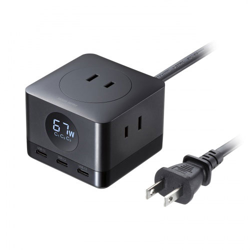 最大67WまでのUSB PD規格(PD3.0)GaN窒化ガリウムUSB充電機能が付いた3個口電源タップ。●1台でノートパソコンからタブレット・スマートフォンまであらゆるデバイスの充電に対応できる高出力でUSB Type-Cを3ポート搭載した...