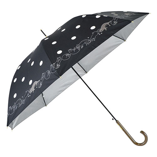 雨の日でも晴れの日でも!全天候対応シリーズ/雨晴兼用傘紫外線遮蔽率/遮光率に優れる(※)裏シルバーコーティング生地を使用した、全天候対応のワンタッチジャンプ傘。 定番水玉プリント×ごろんといろんな格好で寝ている猫ちゃん達が裾にプリントされて...