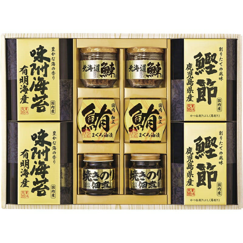 ■商品紹介商品番号：ns-sq-r5574-r06北海道産の鰊フレーク、小豆島で製造された焼き海苔入りの佃煮、鹿児島県産鰹節など選りすぐりの逸品を詰合せた和風ギフトです。■サイズ・容量・規格【パッケージサイズ】450×80×320mm【内容...