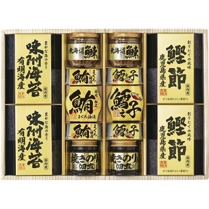 ■商品紹介商品番号：ns-sq-r5574-r08北海道産の鰊フレーク、小豆島で製造された焼き海苔入りの佃煮、鹿児島県産鰹節など選りすぐりの逸品を詰合せた和風ギフトです。■サイズ・容量・規格【パッケージサイズ】450×80×320mm【内容...