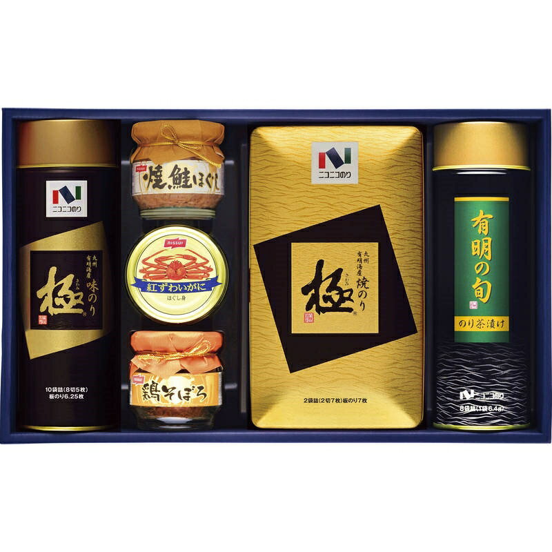 ■商品紹介商品番号：ns-sq-f5320-r10九州有明海産の上質な海苔「極」にカニ缶、瓶詰等を詰め合わせました。■サイズ・容量・規格【パッケージサイズ】410×82×250mm【内容】焼のり2切7枚2袋詰・味のり8切5枚10袋詰・紅ずわ...
