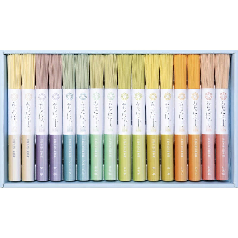 ■商品紹介商品番号：ns-sq-f5315-r08虹をイメージしたカラフルな素麺に仕上げました。■サイズ・容量・規格【パッケージサイズ】365×32×215mm【内容】白・紅しそ・トマト・生姜・よもぎ・青しそ・ブルーベリー・紫いも各50g×...