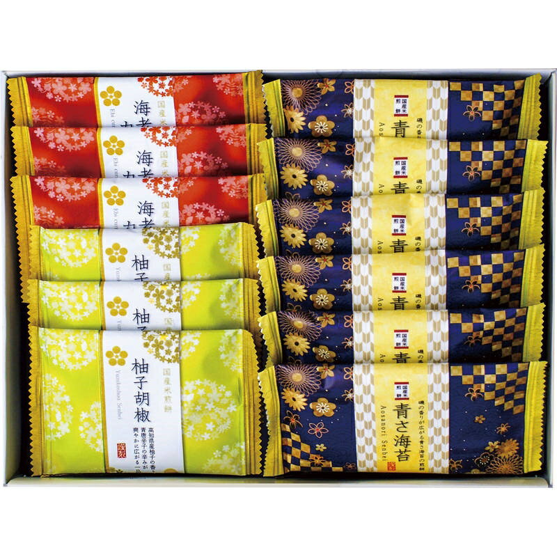 ■商品紹介商品番号：ns-sq-f5309-r02国産米100％にこだわった煎餅の詰合せです。■サイズ・容量・規格【パッケージサイズ】265×60×195mm【内容】青さ海苔煎餅×6、柚子胡椒煎餅・海老カレー煎餅×各3【アレルゲン】乳・えび...