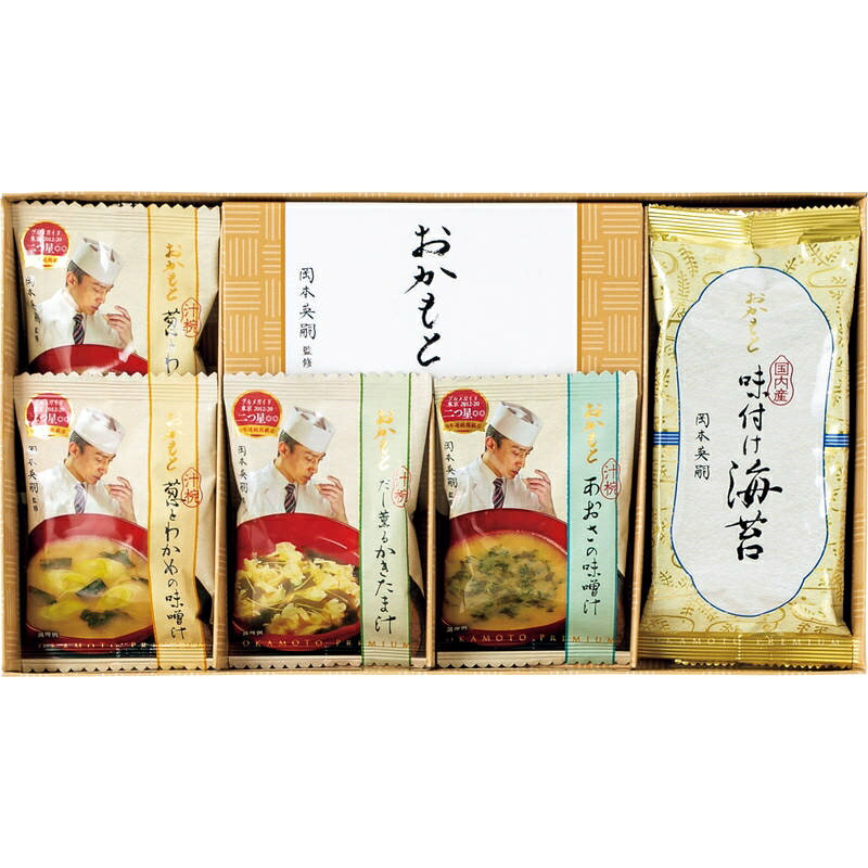 ■サイズ・容量・規格【パッケージサイズ】332×38×185mm【内容】かきたま汁・あおさの味噌汁×各1、葱とわかめの味噌汁×2、味付け海苔（8切5枚）×1【アレルゲン】卵・小麦【生産国】日本【パッケージ形態】化粧箱入■注意事項■こちらの商...