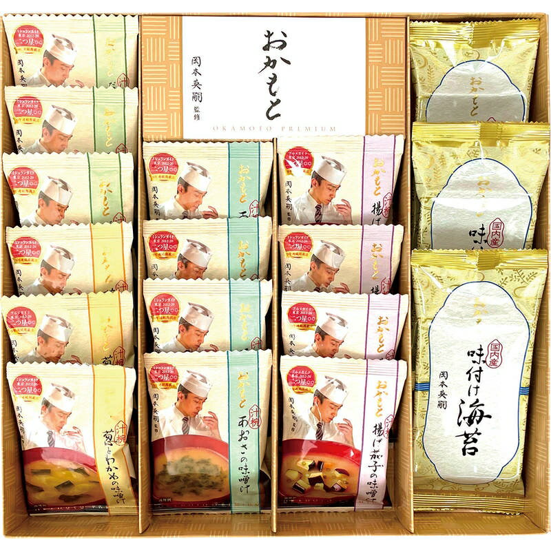 ■サイズ・容量・規格【パッケージサイズ】332×50×317mm【内容】かきたま汁×3、あおさの味噌汁×4、葱とわかめの味噌汁×3、揚げ茄子の味噌汁×4、味付け海苔（8切5枚）×3【アレルゲン】卵・小麦【生産国】日本【パッケージ形態】化粧箱...