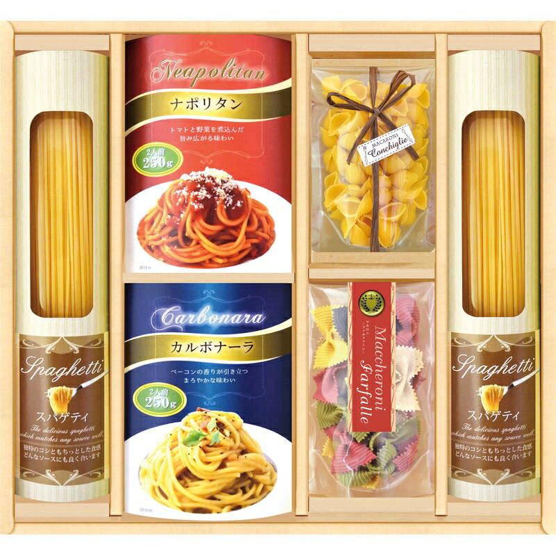 ■サイズ・容量・規格【パッケージサイズ】331×55×315mm【内容】スパゲティ：130g×2、マカロニ（コンキリエ）：70g・自然色パスタファルファーレ：40g・パスタソース（ナポリタン2人前）：250g・パスタソース（カルボナーラ2人...