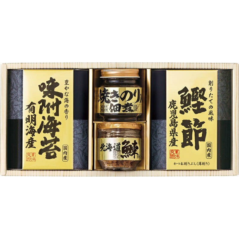 ■商品紹介商品番号：ns-sq-r6590-r02北海道産の鰊フレーク、小豆島で製造された焼き海苔入りの佃煮、鹿児島県産鰹節など選りすぐりの逸品を詰合せた和風ギフトです。■サイズ・容量・規格【パッケージサイズ】350×70×165mm【内容...