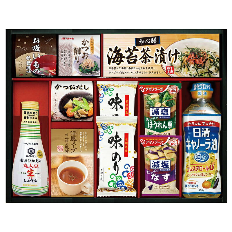 ■商品紹介商品番号：ns-sq-r6592-r03ご家庭で大活躍するバラエティ豊かな詰合せギフトです。■サイズ・容量・規格【パッケージサイズ】391×65×325mm【内容】日清キャノーラ油：400g×1、アマノフーズ減塩いつものおみそ汁×...