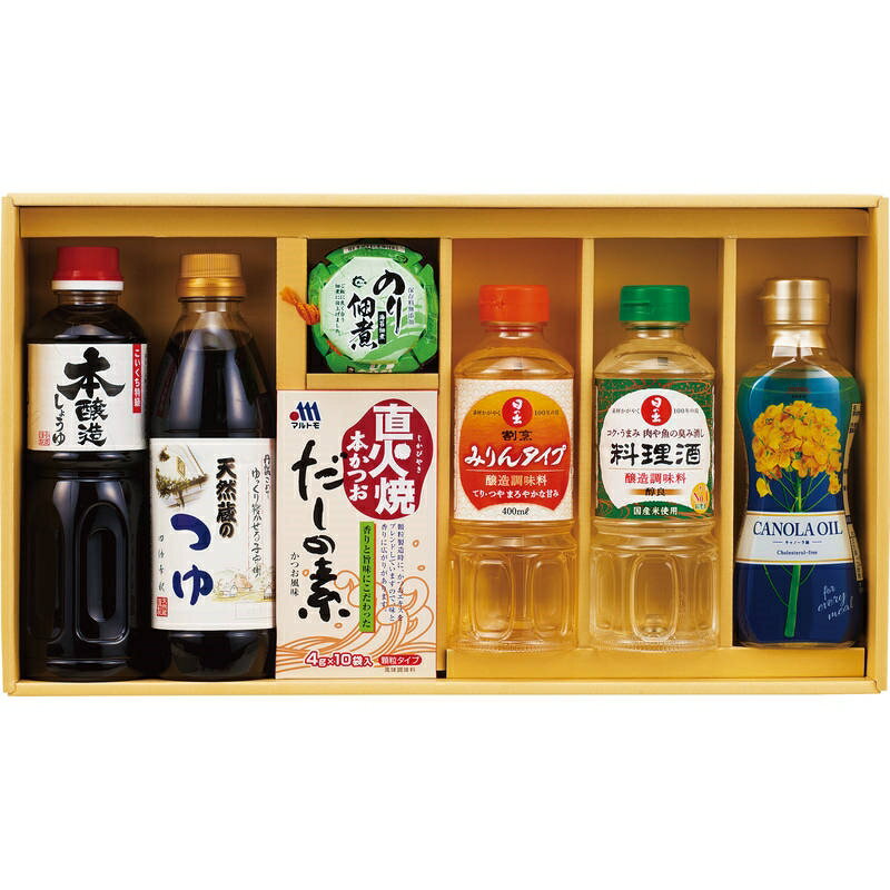 ■商品紹介商品番号：ns-sq-r6595-r04ご飯によく合うのりの佃煮と毎日の調理に役立つ調味料のセットです。■サイズ・容量・規格【パッケージサイズ】453×75×255mm【内容】昭和キャノーラ油：300g・サンビシ本醸造しょうゆ：5...