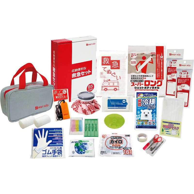 ■商品紹介商品番号：ns-sq-f6107-r09棚や引き出しに収納しやすいB5化粧箱入の救急セット■サイズ・容量・規格【パッケージサイズ】190×278×60mm【内容】収納ポーチ：60×235×135mm、伸縮包帯×2、カイロ、救急てぬ...