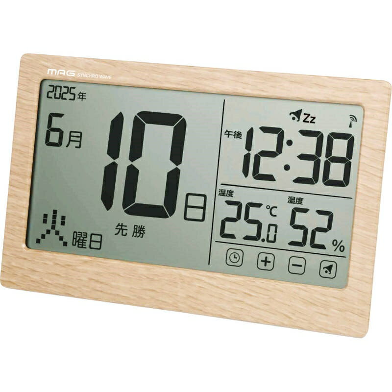 ■商品紹介商品番号：ns-sq-f6142-r04ウッド調フレームデザインの見やすい電波時計。・アラーム　・スヌーズ　・温湿度表示　・カレンダー表示　・六曜表示　・12/24時間表示切替・タッチセンサー設定　・置掛兼用■サイズ・容量・規格【...