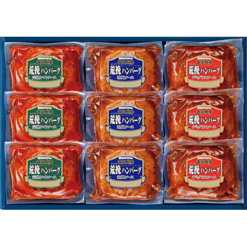 ■商品紹介商品番号：ns-sq-f6288-r01ふっくらした「厚み」でじっくりと焼きあげた、荒挽ハンバーグのセットです。■サイズ・容量・規格【パッケージサイズ】331×65×190mm【内容】デミグラスソース・和風ソース・完熟トマトソース...