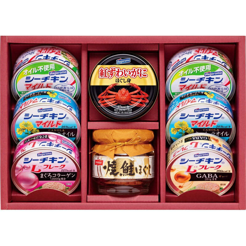 ■商品紹介商品番号：ns-sq-f6326-r09人気のシーフードをバラエティ豊かに詰め合わせました。■サイズ・容量・規格【パッケージサイズ】265×75×190mm【内容】シーチキンマイルドキャノーラオイル・オイル不使用シーチキンマイルド...