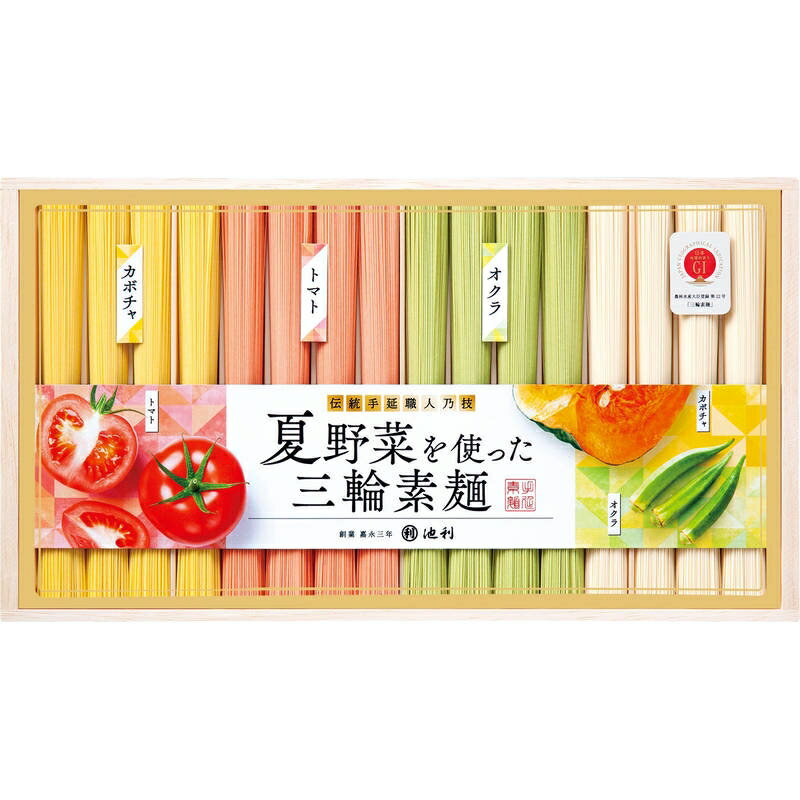 ■商品紹介商品番号：ns-sq-f6319-r06夏野菜3品を練り込んだ三輪素麺と定番の白素麺との詰合せです。■サイズ・容量・規格【パッケージサイズ】390×37×214mm【内容】三輪素麺/白・トマト・オクラ・カボチャ各50g×各4【アレ...