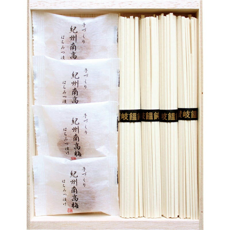 ■商品紹介商品番号：ns-sq-f6314-r02コシが強く、のど越し滑らかな「讃岐うどん」と大粒の「紀州南高梅」の詰合せです。■サイズ・容量・規格【パッケージサイズ】162×26×213mm【内容】讃岐うどん50g×4、紀州南高梅はちみつ...