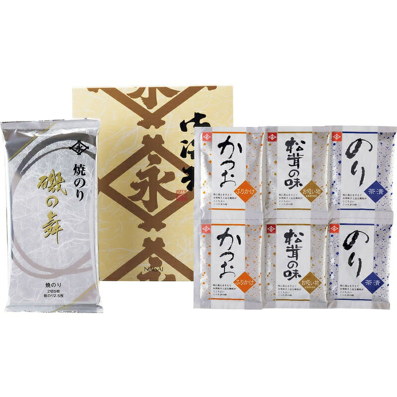 ■商品紹介商品番号：ns-sq-w6078-r03国内産の風味豊かな焼のりと永井海苔自慢の風味豊かなお茶漬・ふりかけ・お吸い物を詰合せました。■サイズ・容量・規格【パッケージサイズ】205×35×252mm【内容】焼のり2切5枚×1、のり茶...