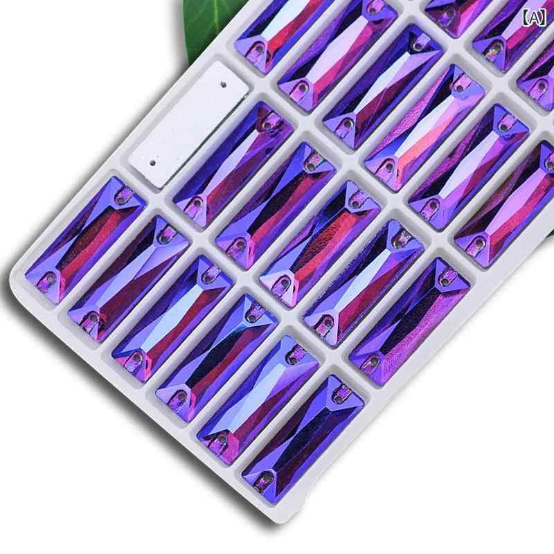 ・種類: ラインストーン・素材: ガラス・形状: 長方形・カラー展開: バイオレットAB、ミディアムパープルAB、レイクブルーAB、スカイブルーAB、ロイヤルブルーAB、グラスグリーンAB、エメラルドグリーンAB、レモンイエローAB、オレン...