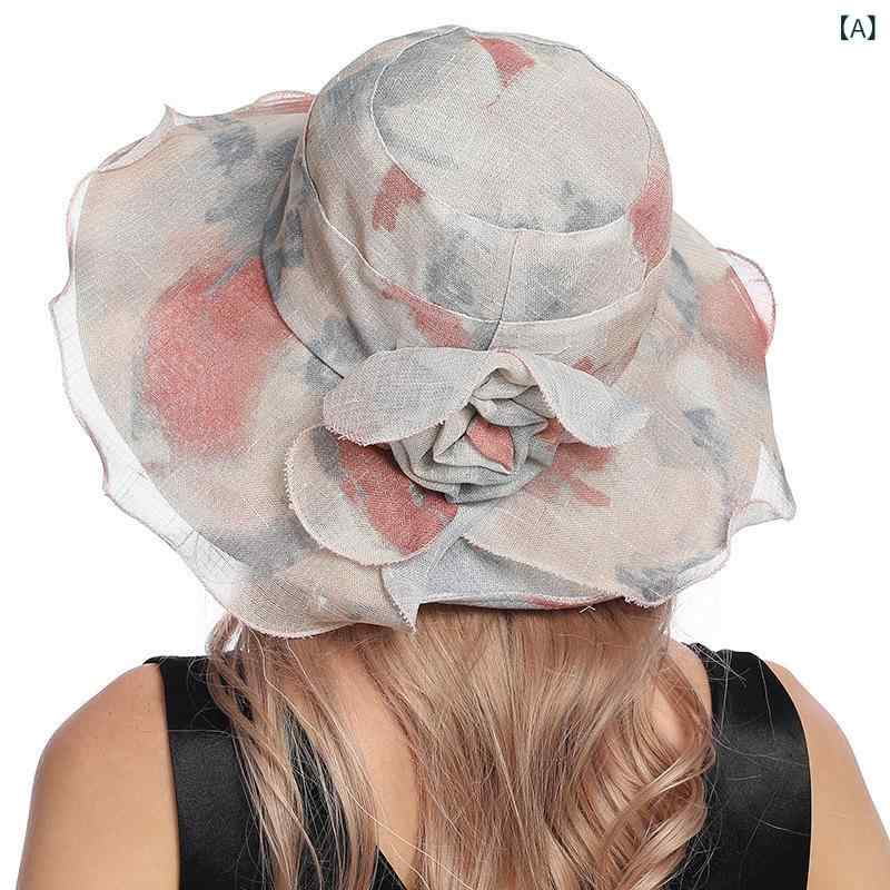 ・カテゴリ: ハット・性別: 女性・素材: メッシュ・編み方: サテン織り・加工方法: サテン加工・人気要素: リボン・柄: 無地・帽子のトップ: ラウンドトップ・つばのスタイル: ワイドブリム・カラー展開: レッド、イエロー、パープル、グ...