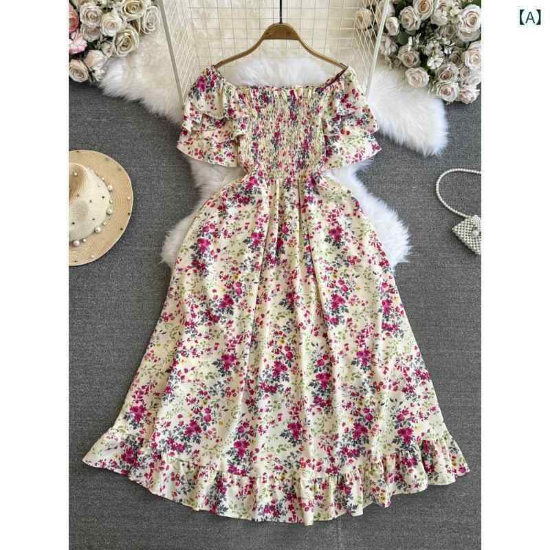 ・柄: 小花柄・セット内容: 単品・丈: ミモレ丈・スカートタイプ: Aライン・ネックライン: オフショルダー・袖丈: 半袖・ウエスト: ミドルウエスト・カラー展開: 黄地パープル小花柄、白地イエロー小花柄、白地ダークブルー柄、ピンク地レッ...