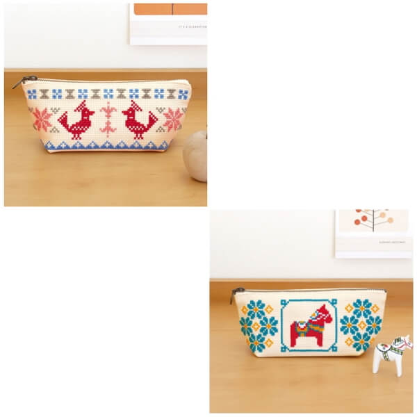 おしゃれでかわいい北欧テイストのクロスステッチししゅうキット♪種類は「ペアバード」「ダーラナホース」　　　　　商品説明　　 出来上がりサイズ 本体　約縦7.5cm×横18cm×マチ6cm キット内容 25番ししゅう糸・仕立て済 ファスナー付...