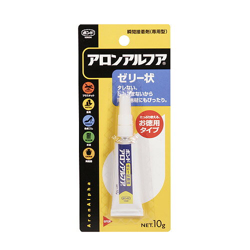 詳細説明【特長】・多少のすき間や凹凸面、しみ込みやすい木材や陶磁器にも使えます。・ゼリー状で、液ダレしにくく染み込みにくいので扱いやすく、用途が広く様々な材質に使用できます。【使用方法】（1）接着面の汚れを落とし、よく乾かします。（2）片面...