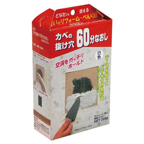 詳細説明【特長】・石膏ボード、漆喰、繊維、土、モルタル等の屋内カベに。エアコンホースや増改築時にできた穴を補強します。・屋内カベの欠け落ちにも使えます。縦100×横60mmのネットシート2枚入り。・外気温約20℃／約60分で表面乾燥、約3時...