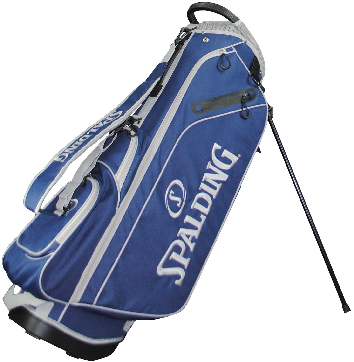 SPALDING（スポルディング）のゴルフ用9.5型スタンド式キャディバッグ、SPCB-3468（ネイビー）です。 このキャディバッグは、大容量の9.5型サイズでありながら、本体重量が約2.5kgと軽量に設計されています。合成繊維（ポリエス...