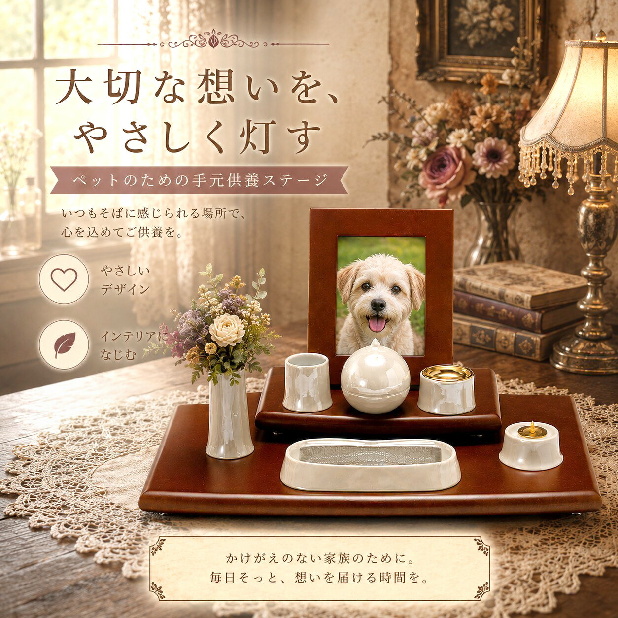 ■大切なペットに寄り添うステージ型ペット仏壇 愛する犬や猫、小動物など、家族の一員だったペットたちの供養のための「ライフmemorialステージ」と、美しい「有田焼仏具5点」が一つになったメモリアルセットです。ご自宅のリビングや寝室で温かく...