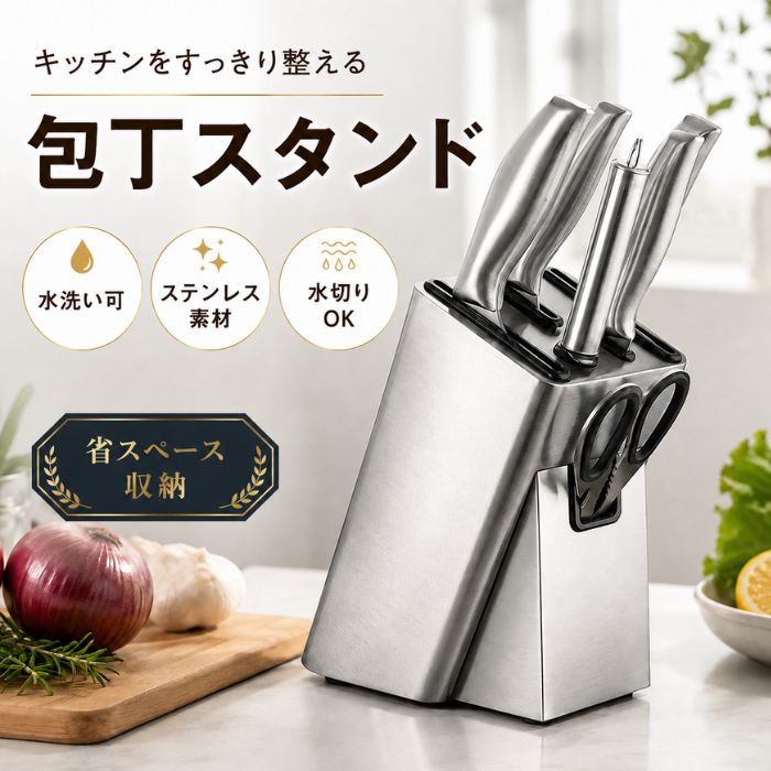 ■　商品説明包丁をすっきりまとめて、毎日の調理を快適に 置き場所に困りやすい包丁やキッチンバサミを、ひとまとめに収納できるステンレス製包丁スタンドです。 調理器具を立てて整理できるため、必要なものをサッと取り出しやすく、限られたキッチンスペ...