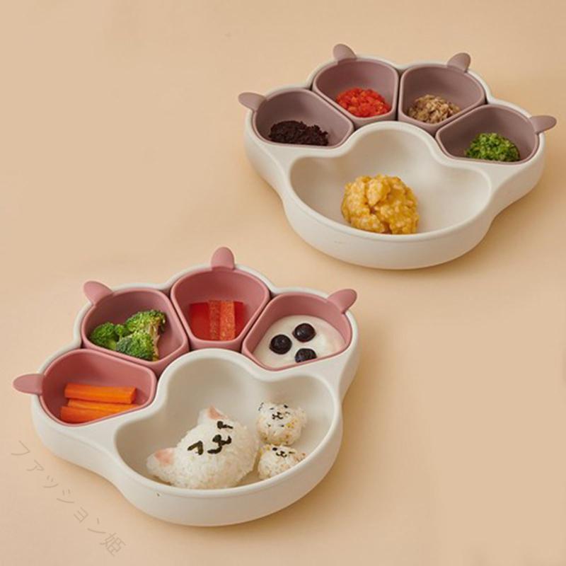 ベビー食器セット 離乳食 赤ちゃん用可分離式食器 ひっくり返らない 吸盤 すくいやすい シリコン ボウル スプーン フォーク トレーニングカトラリーベビープレートには5つのパーツがあり、取り外し可能なボウルが4つ入っているので、バランスの取...
