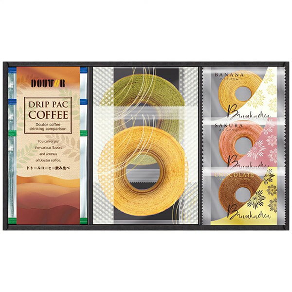 ●商品名/ドトールコーヒー ギフトセット FADH-CJY●商品内容/ドトールコーヒー(深煎りブレンド7g×2、キリマンジャロブレンド7g×1)、バウムクーヘン(ミルク・宇治抹茶)・ミニバウムクーヘン(桜・バナナ・ベルギーショコラ)×各1●...