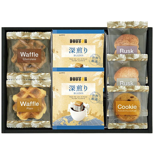 ●商品名/ドトールコーヒー＆スイーツセレクション DT-15●商品内容/ドトールドリップコーヒー7g×2袋、ラスク(シュガー・ココナッツ)・ワッフル(プレーン・チョコ)・ナッツとチョコのざっくりクッキー×各1●箱サイズ/約29×4.5×21...