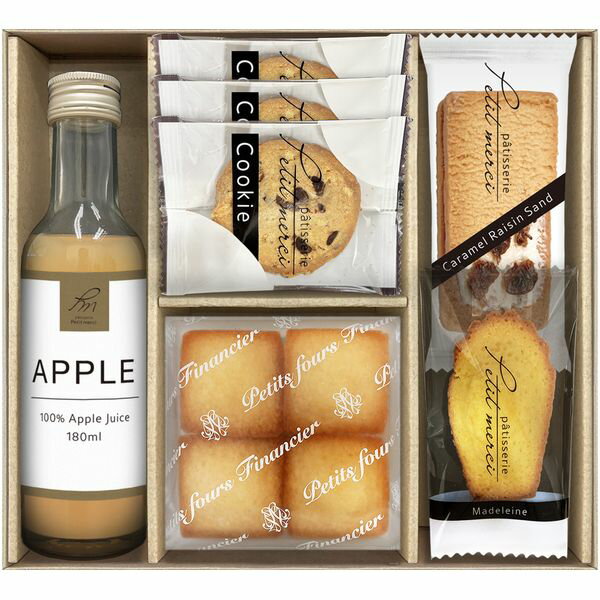 ●商品名/パティスリー プチメルシ フルーツジュース ＆ ガトー PMF-20●商品内容/フルーツドリンク(アップル)180ml×1、ナッツとチョコのざっくりクッキー×3、プチフィナンシェ4個入(プレーン)×1、キャラメルレーズンサンド×1...