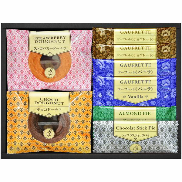 ●商品名/ゴーフレット 焼ドーナツ スイーツセレクト GFD-15●商品内容/ゴーフレット(チョコ・バニラ)×各2、アーモンドパイ・ショコラスティックパイ・焼ドーナツ(チョコ・ストロベリー)×各1●箱サイズ/約18×24×3.5cm●重量/...