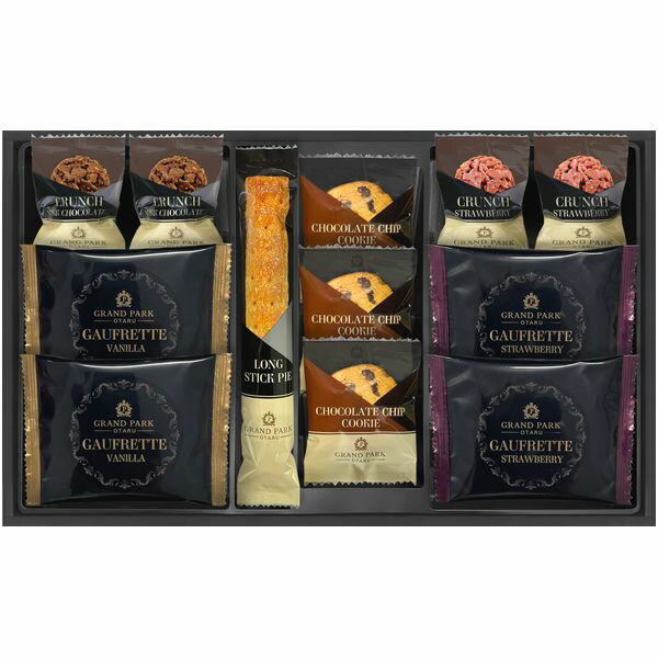 ●商品名/グランドパーク小樽監修 スイートセレクション OTR-20●商品内容/ロングスティックパイ、ゴーフレット(バニラ・ストロベリー)×各2、チョコクランチ(ミルク・ストロベリー)×2、チョコチップクッキー×3●箱サイズ/約24.5×4...