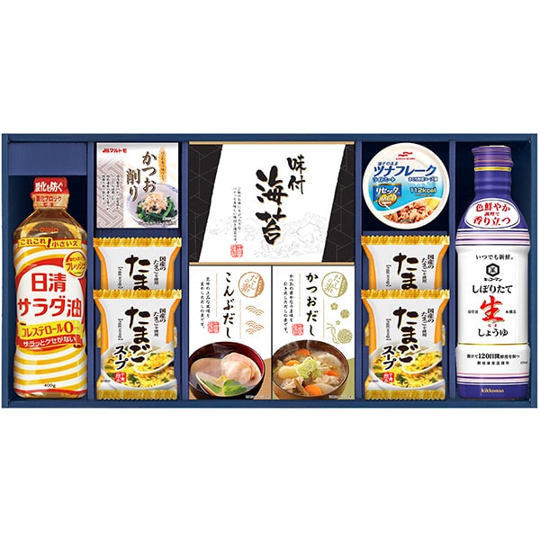 ●商品名/日清オイリオ 食卓バラエティ ギフトセット CIH-50R2●商品内容/日清サラダ油400g、有明海産味のり(8切8枚×2)、かね七かつおだし(4g×5)、かね七こんぶだし(4g×5)、たまごスープ6.4g×4、マルトモかつおパッ...