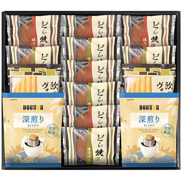 ●商品名/ドトールコーヒー & どら焼き 詰め合わせ ギフトセット DR-30●商品内容/ドトールドリップコーヒー7g×2、欧風ヴァッフェル×2、どら焼き(粒あん・八女抹茶あん)×各5●箱サイズ/約26×29×4.5cm●重量/約490g●...