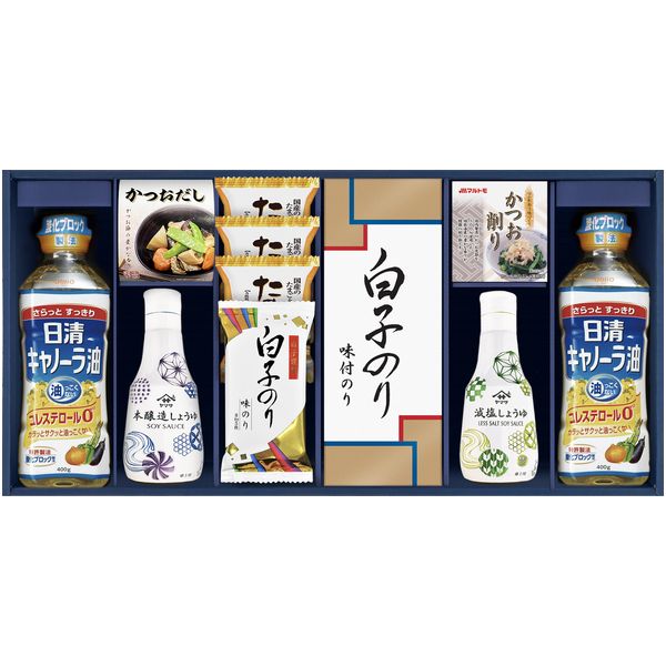 ●商品名/ヤマサ 鮮度しょうゆ & 白子のり 詰め合わせ ギフトセット IT-60R●商品内容/日清キャノーラ油ペット400g×2 、ヤマサ鮮度しょうゆ200ml、ヤマサ鮮度減塩しょうゆ200ml、白子のり味のり(3切5枚)、マルトモかつお...