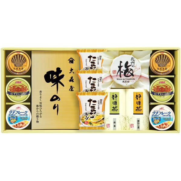 ●商品名/香味彩々 大森屋 味付のり 惣菜 詰め合わせ ギフトセット NK-1003●商品内容/大森屋味のり(8切8枚×2)、静岡煎茶40g、静岡深蒸し茶40g、紀州南高梅80g(塩分約8%)、マルハニチロ 油そのままライトツナリセッタ70...