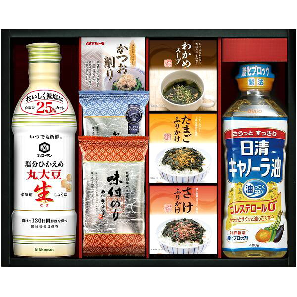 ●商品名/キッコーマン 塩分ひかえめ生しょうゆ & バラエティ ギフトセット TN-40R2●商品内容/キッコーマン塩分ひかえめ丸大豆生しょうゆ450ml、わかめスープ(3.8g×3)、丸美屋たまごふりかけ(2.5g×3)、丸美屋さけふりか...
