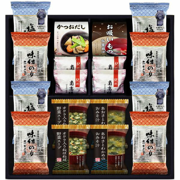 ●商品名/海苔 食べ比べ バラエティ ギフトセット YU-502●商品内容/味付のり(8切6枚)×4、有明海産塩のり(8切6枚)×4、シーラックかつおだし(4g×3)、永谷園お吸いもの(2.3g×2)、紀州南高梅×4、オクラ入ねばねば野菜ス...