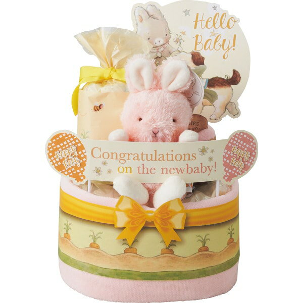 ●商品名/バニーズバイザベイおむつケーキ2段●商品内容/ぬいぐるみ・ハンドタオル・フェイスタオル×各1、おむつパンパースSサイズ13枚、トイレットペーパー1本●商品サイズ/約18×18×37cm・本体重量約590g●材質/ポリエステル、綿、...